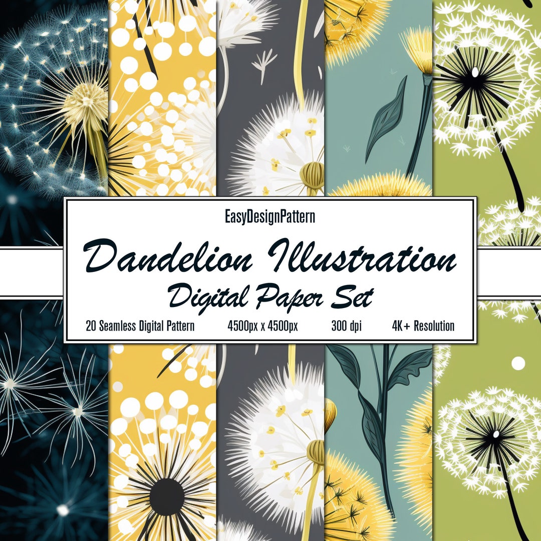 Dandelion Illustration Digital Paper Set: 20 Seamless Patterns ...