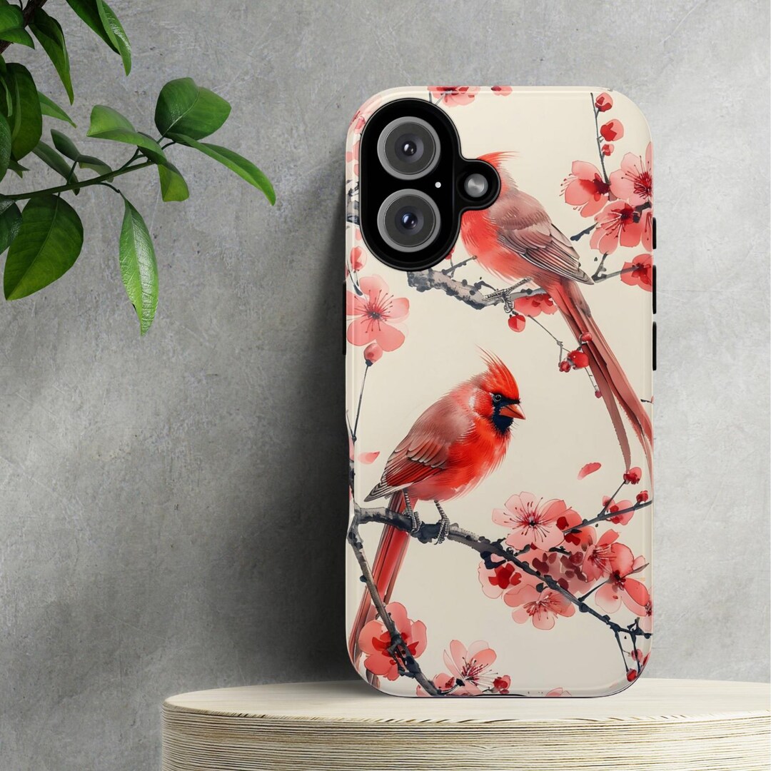 Cardinal Bird Tough Phone Case, Red Bird and Cherry Blossom Art Cover ...
