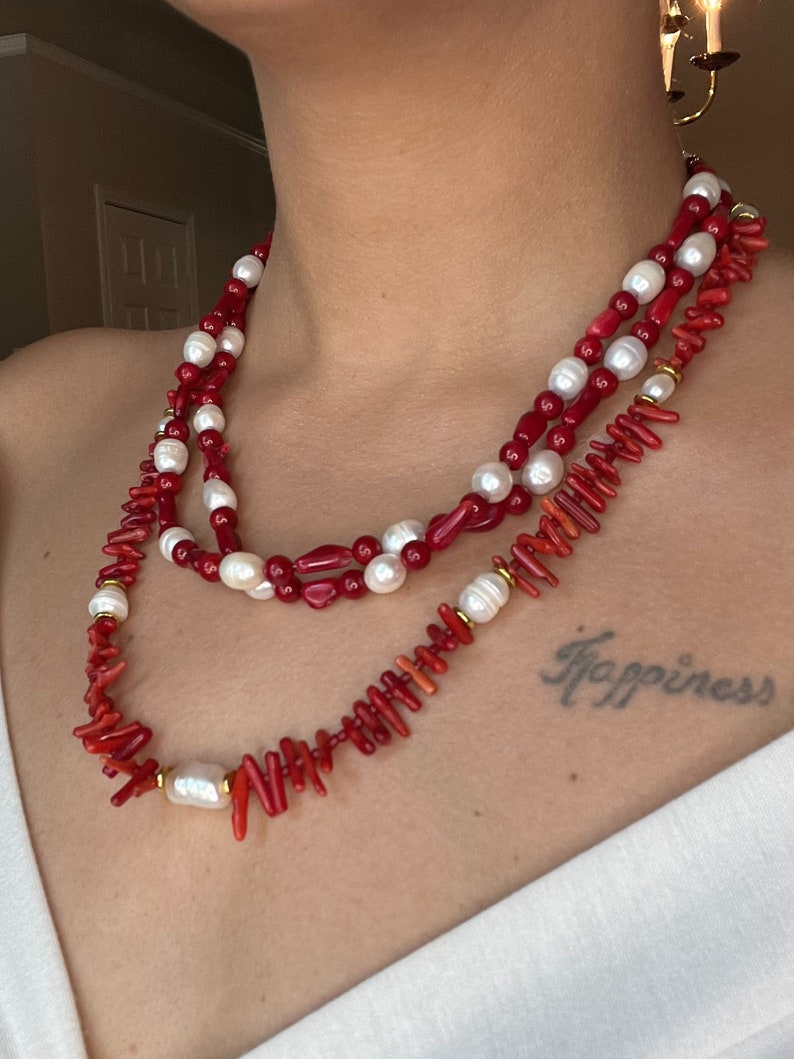 Handmade Red Gemstone Necklace Multi-strand Coral Necklace Women ...
