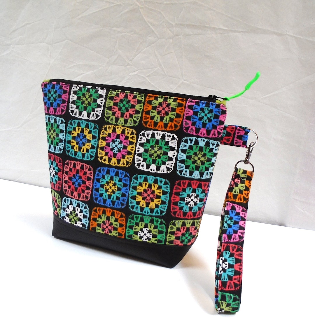 Granny Square Canvas Zipper Pouch: Modern Cosmetic Bag With Lanyard - Etsy