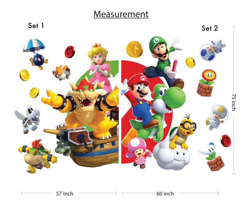 Removable Super Mario Wall Decal Luigi Wall Sticker Princess Peach Wall ...