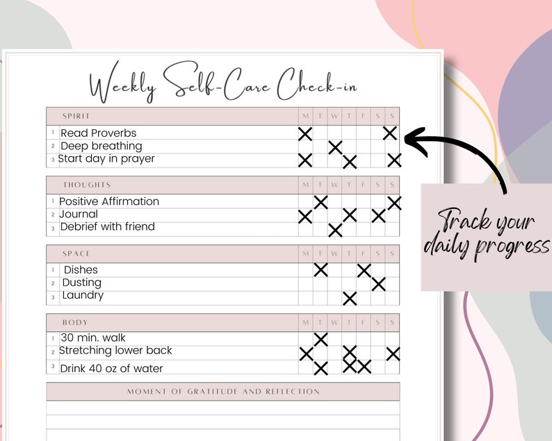 Printable Daily Self-care Check-in for Weekly Self-care Activities ...