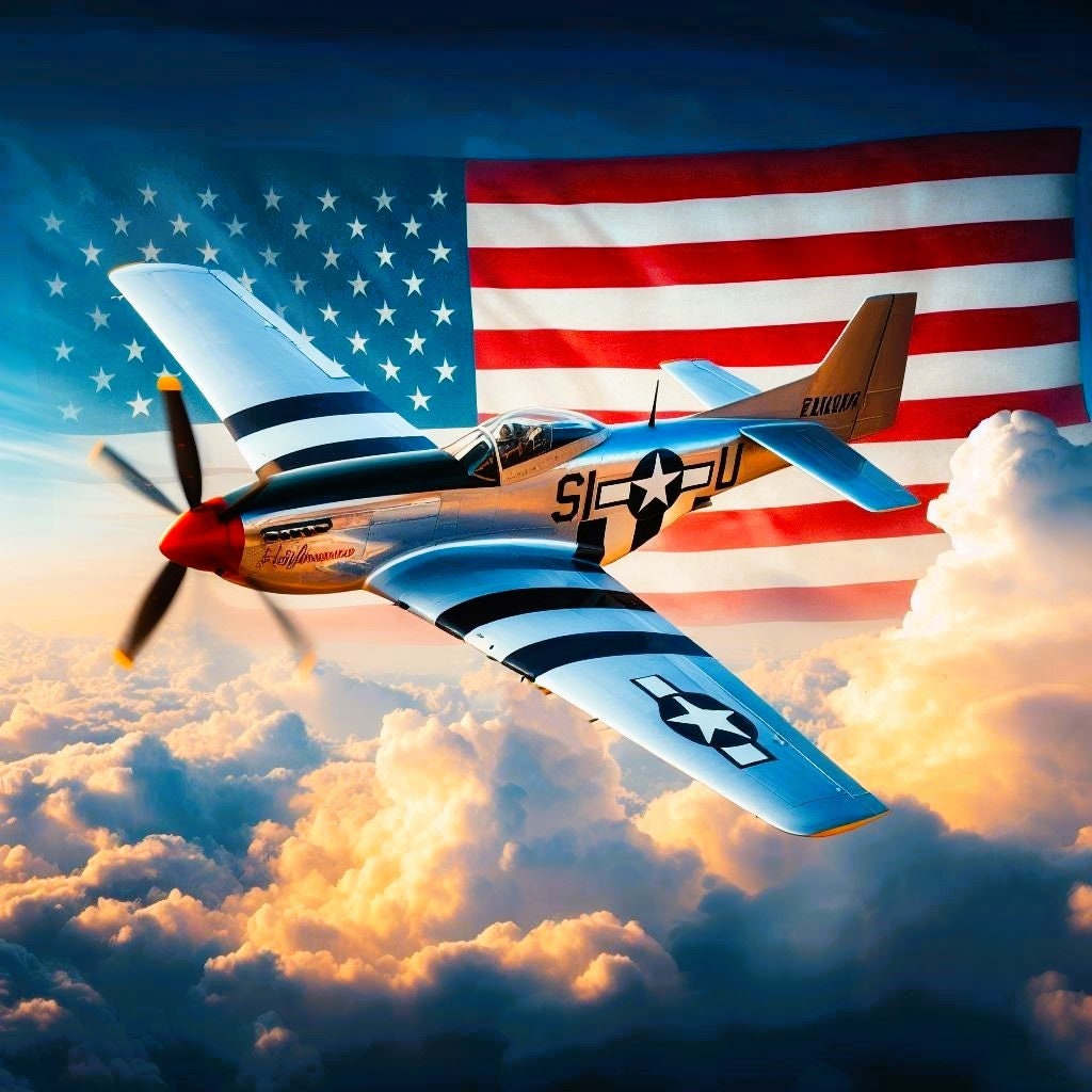 P-51 Mustang Flying American Flag Print. - Etsy