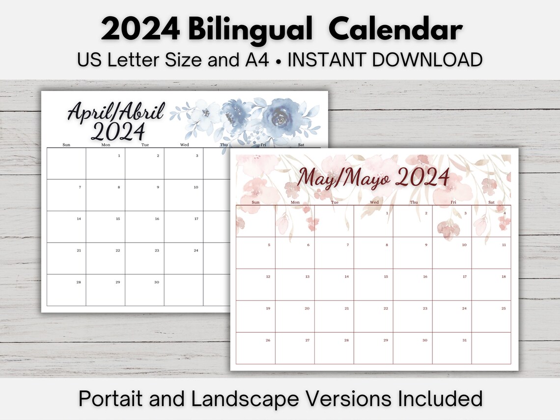 2024 Bilingual Calendar, 2024 Spanish and English Calendar, Printable ...