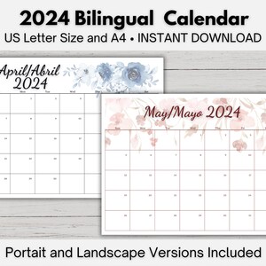 2024 Bilingual Calendar, 2024 Spanish and English Calendar, Printable ...
