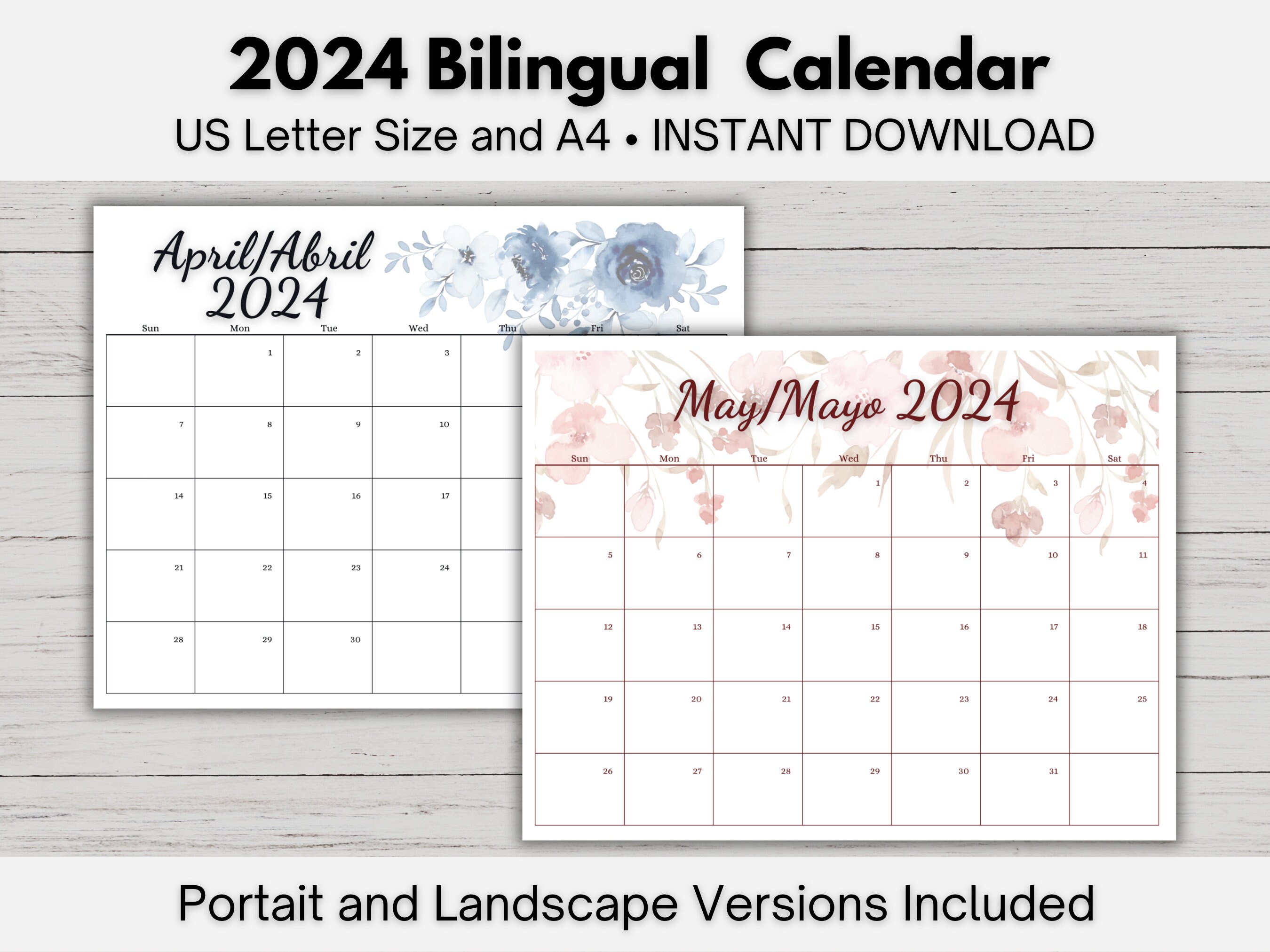 2024 Bilingual Calendar, 2024 Spanish and English Calendar, Printable ...