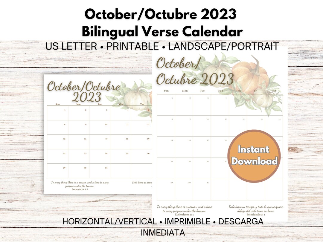 Printable October 2023 Bilingual Verse Calendar/ Calendario - Etsy España