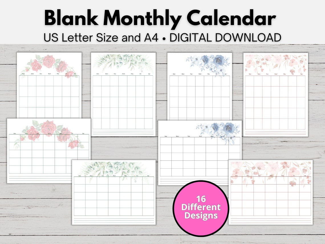 Blank Monthly Calendar, Printable Blank Calendar, Minimalist Calendar ...
