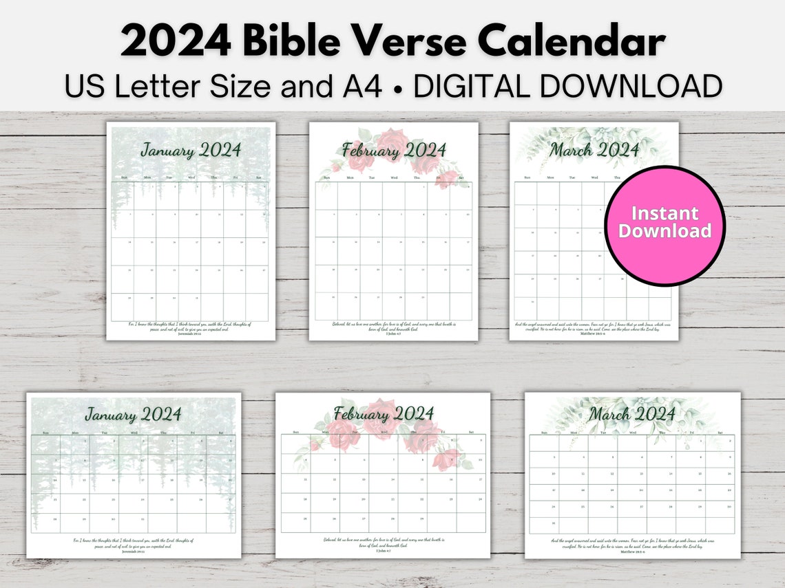 2024 Bible Verse Calendar, Printable Scripture Calendar, Inspirational ...
