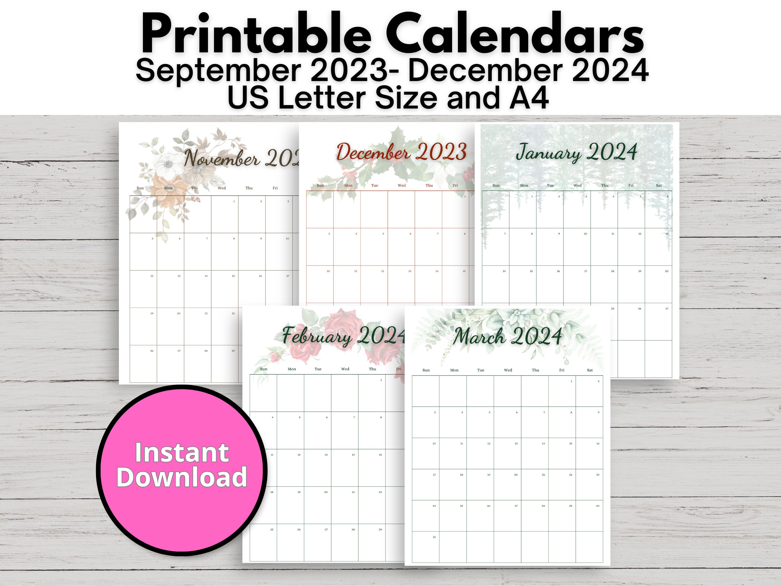 Printable Monthly Calendars 2023-2024 - Etsy