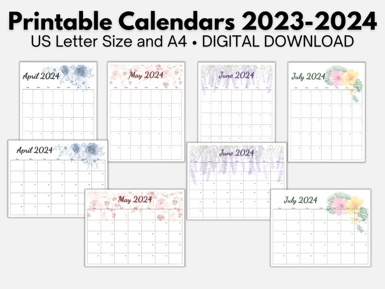 Printable Monthly Calendars 2023-2024 - Etsy