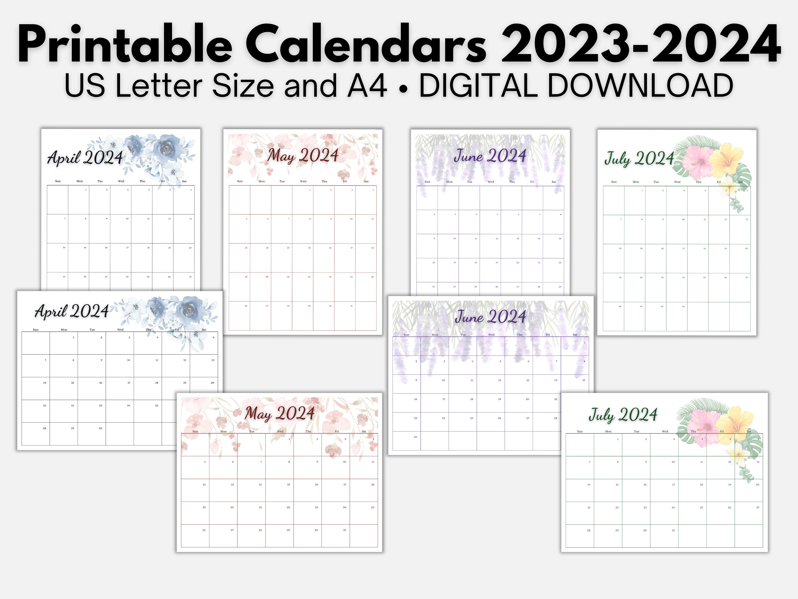 Printable Monthly Calendars 2023-2024 - Etsy