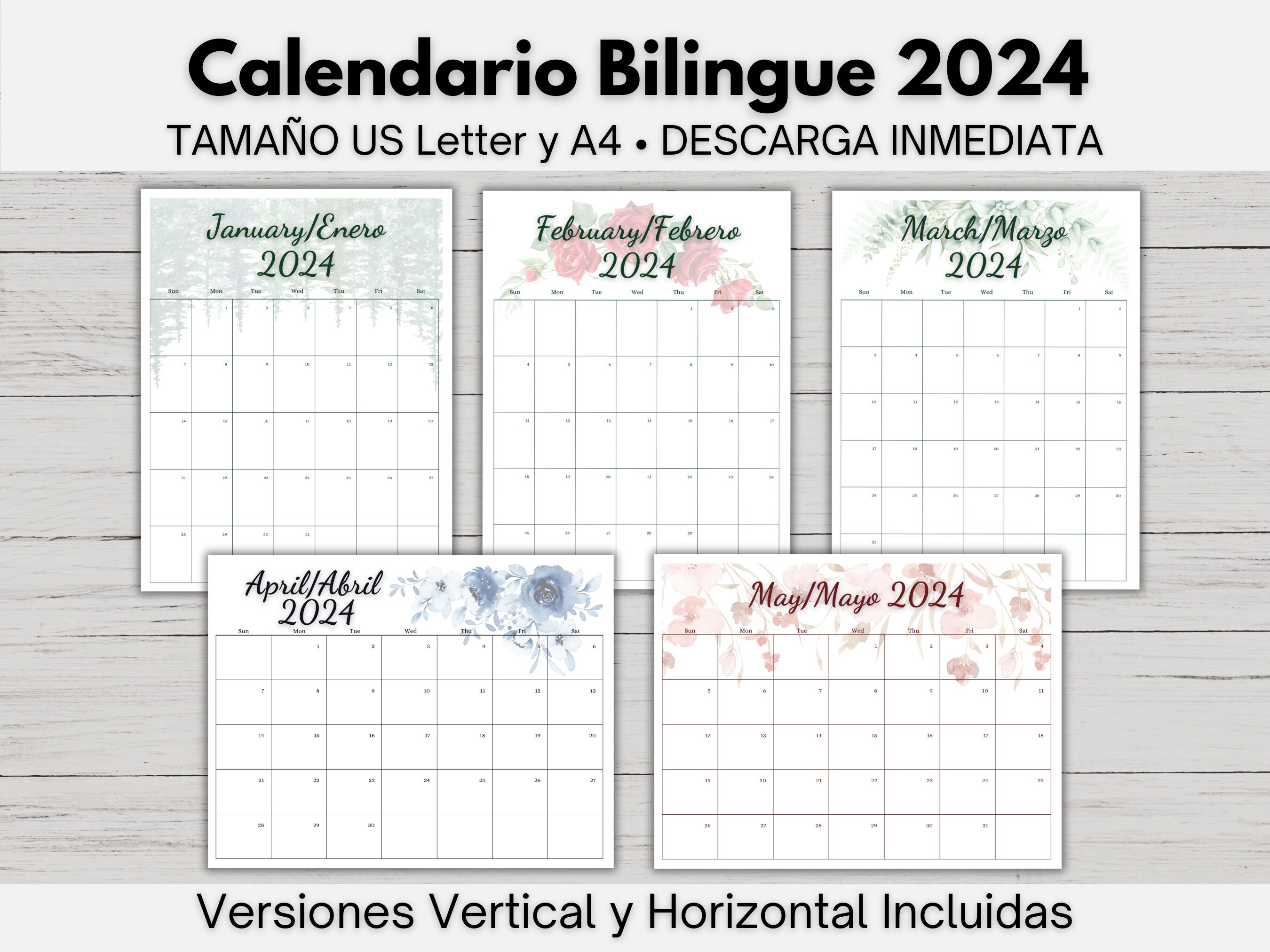 2024 Bilingual Calendar, 2024 Spanish and English Calendar, Printable ...