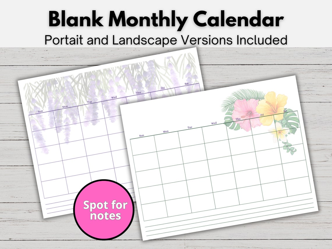 Blank Monthly Calendar, Printable Blank Calendar, Minimalist Calendar ...
