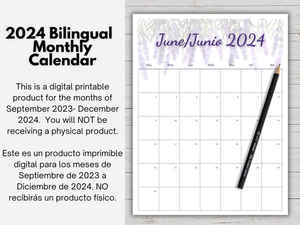 2024 Bilingual Calendar, 2024 Spanish and English Calendar, Printable ...