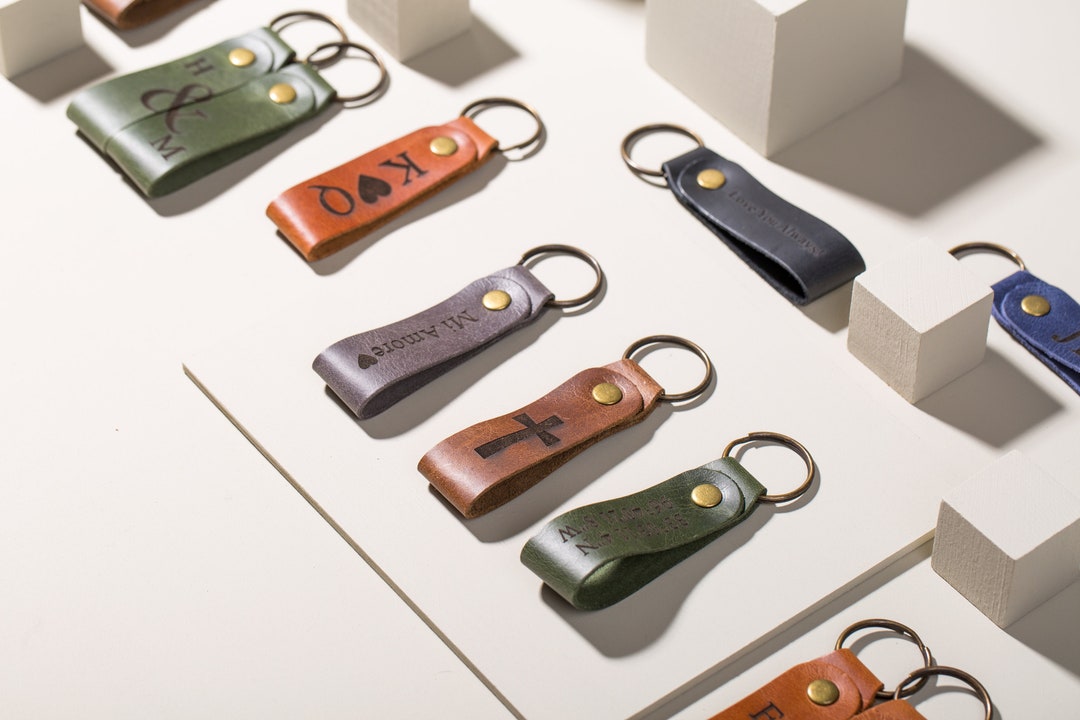 Custom Monogram Keychain, Personalized Leather Key Ring, Engraved ...