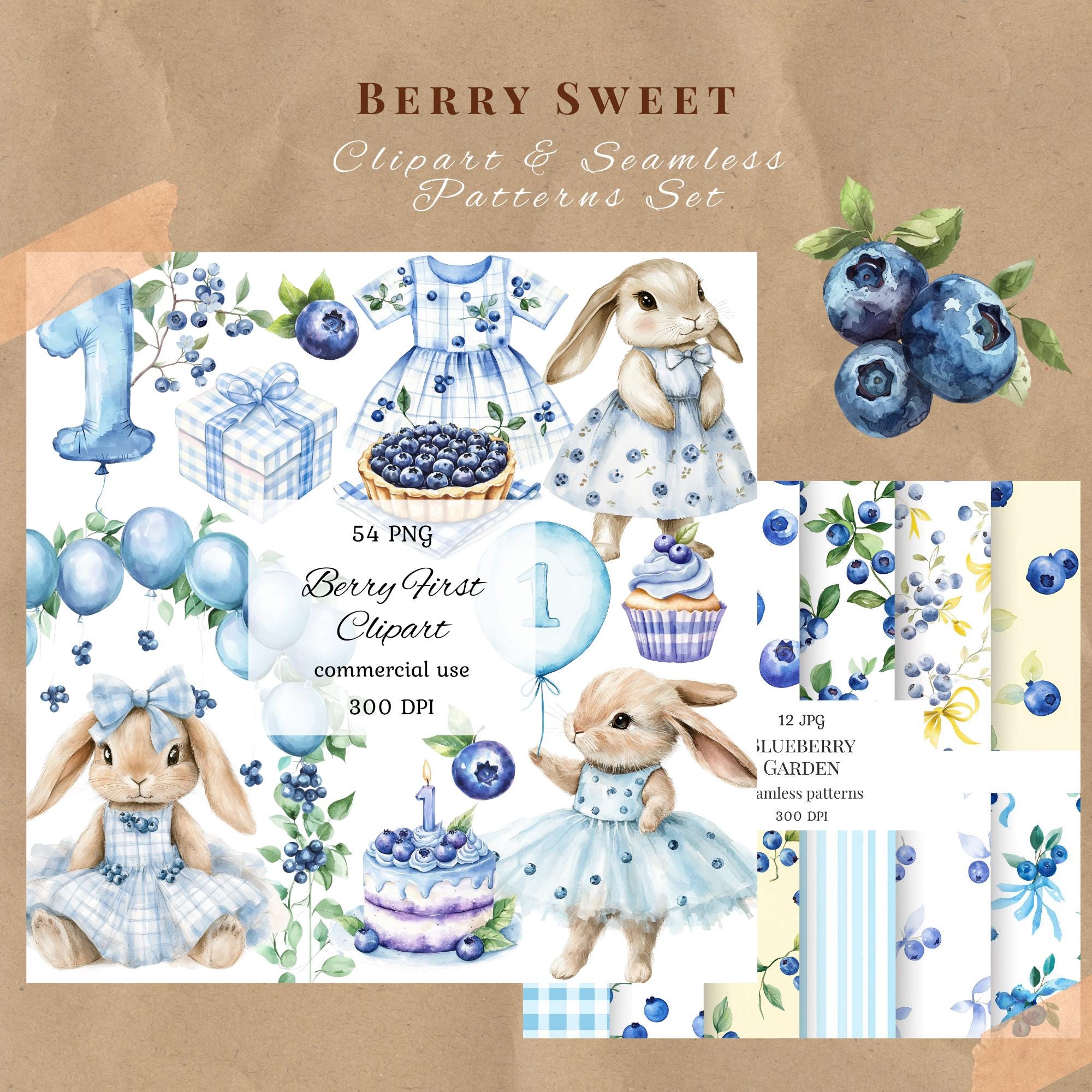 Watercolor Blueberry Clipart Png Bundle, Berry First Birthday, Baby ...
