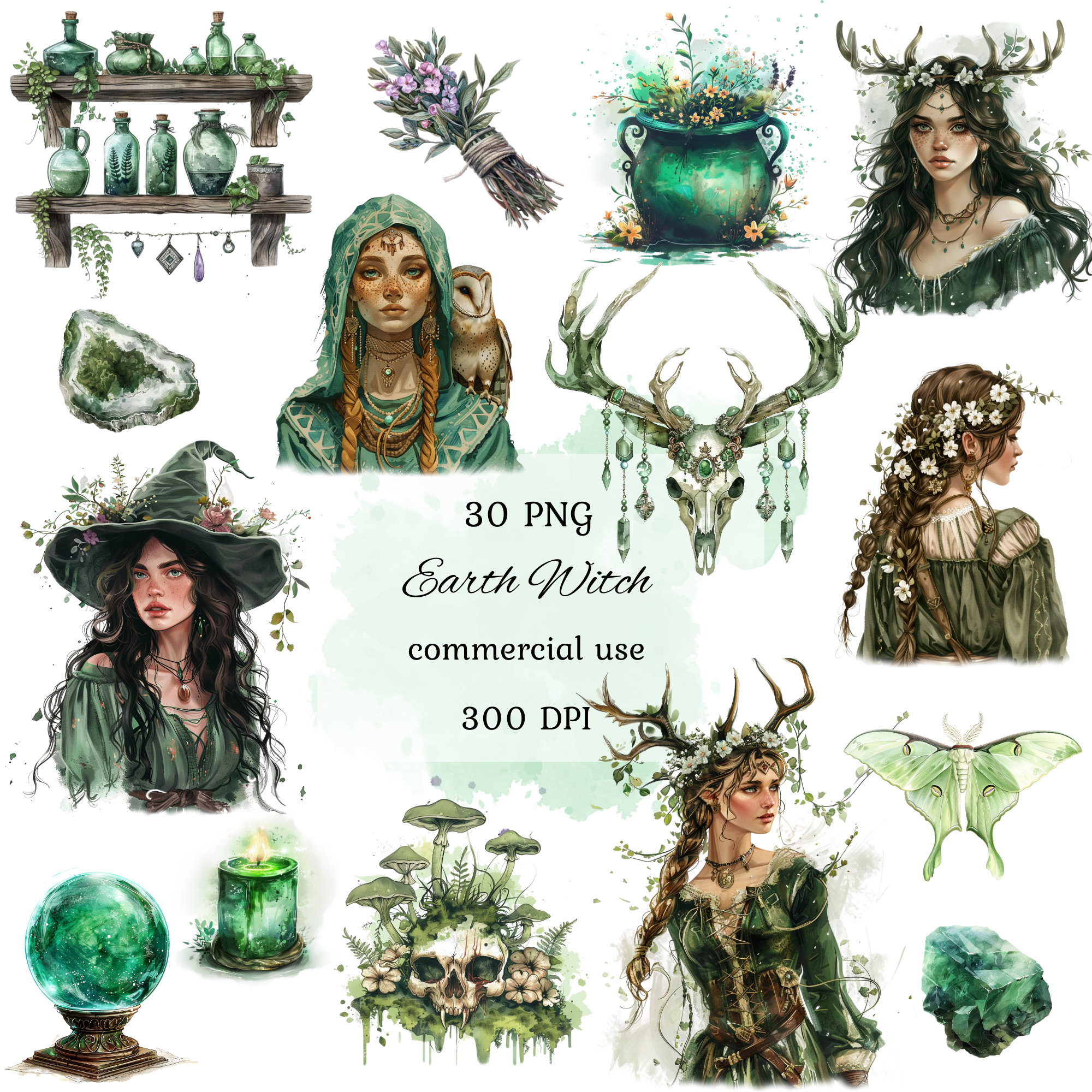 Earth Witch Watercolor Clipart Png Bundle, Witchcraft, Witchy Clipart ...