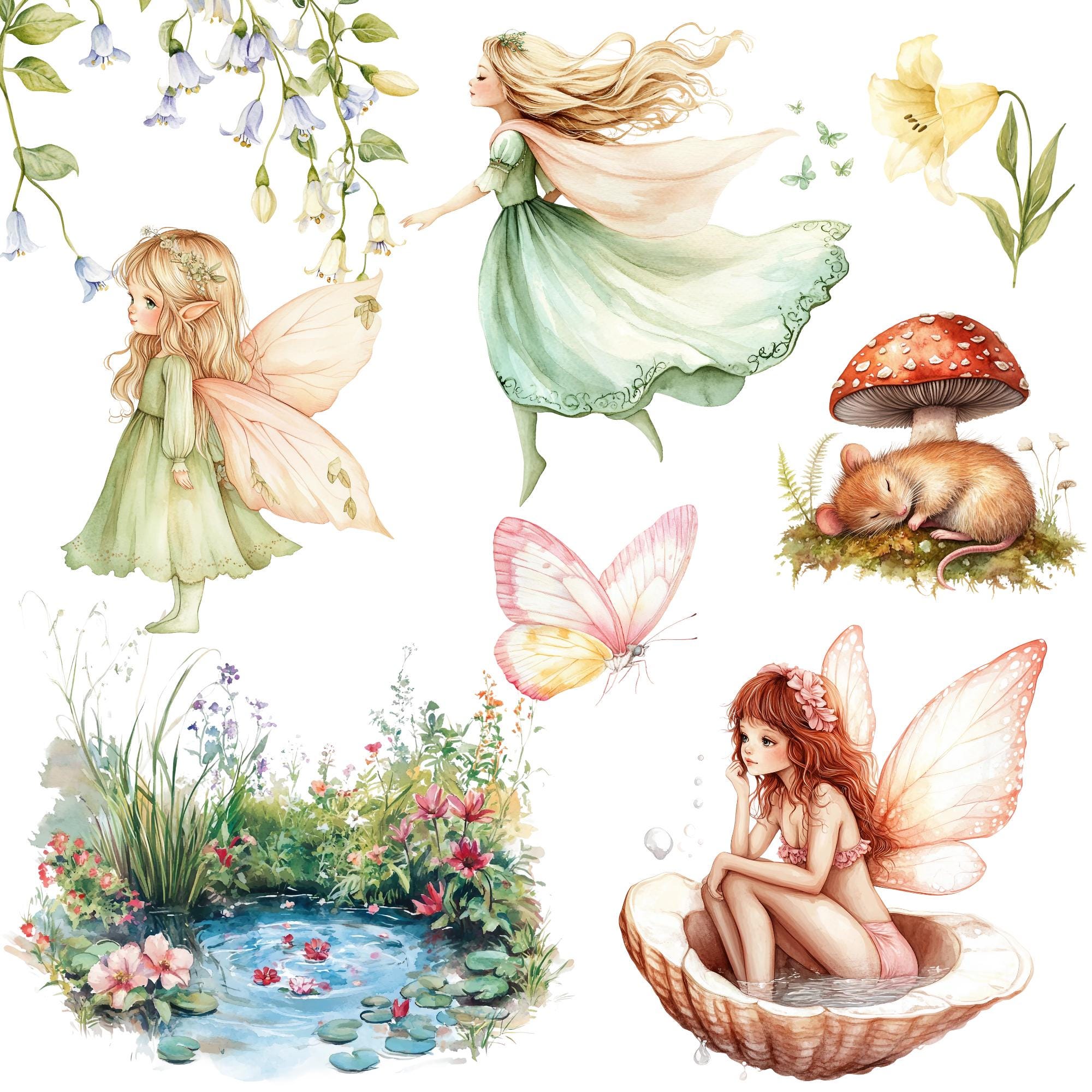 Watercolor Summer Fairy Clipart Png Bundle, Pink Fairy Clipart, Magical ...