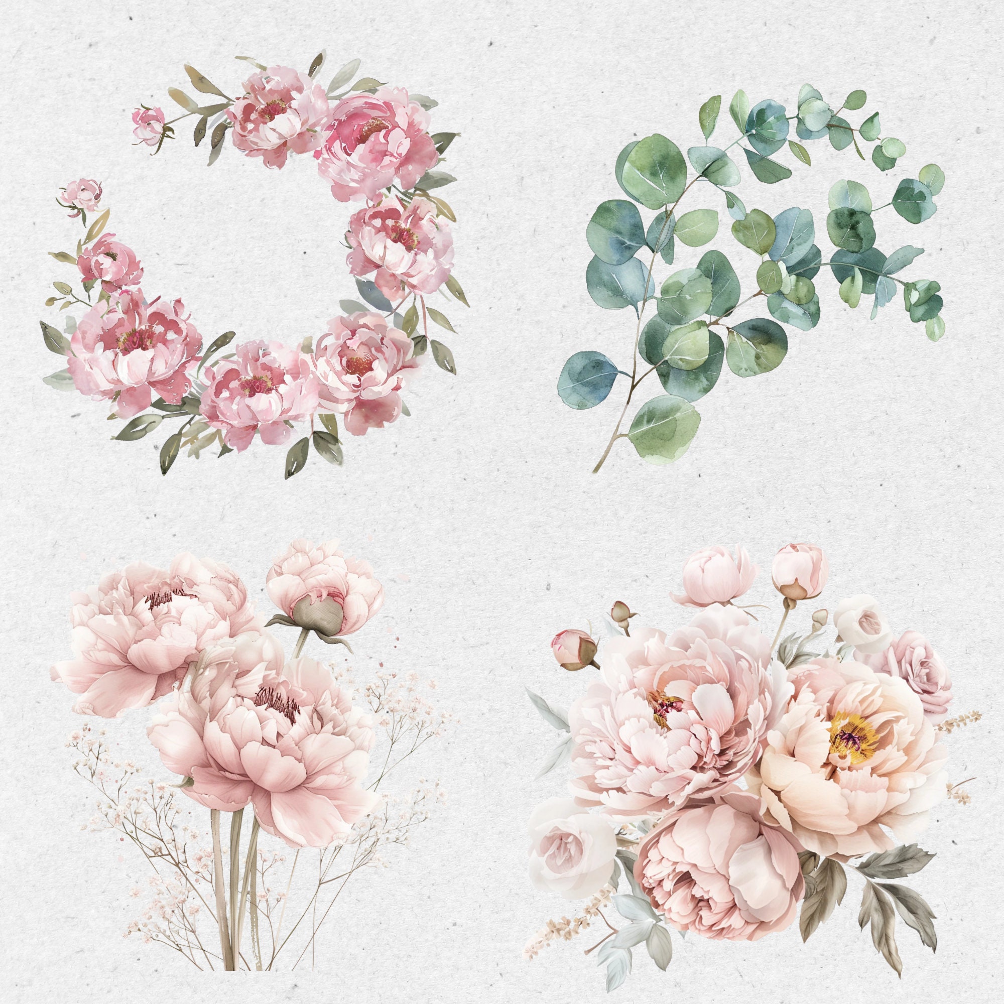 Dusty Rose Floral Clipart Png Bundle, Pastel Watercolor Blush Floral ...