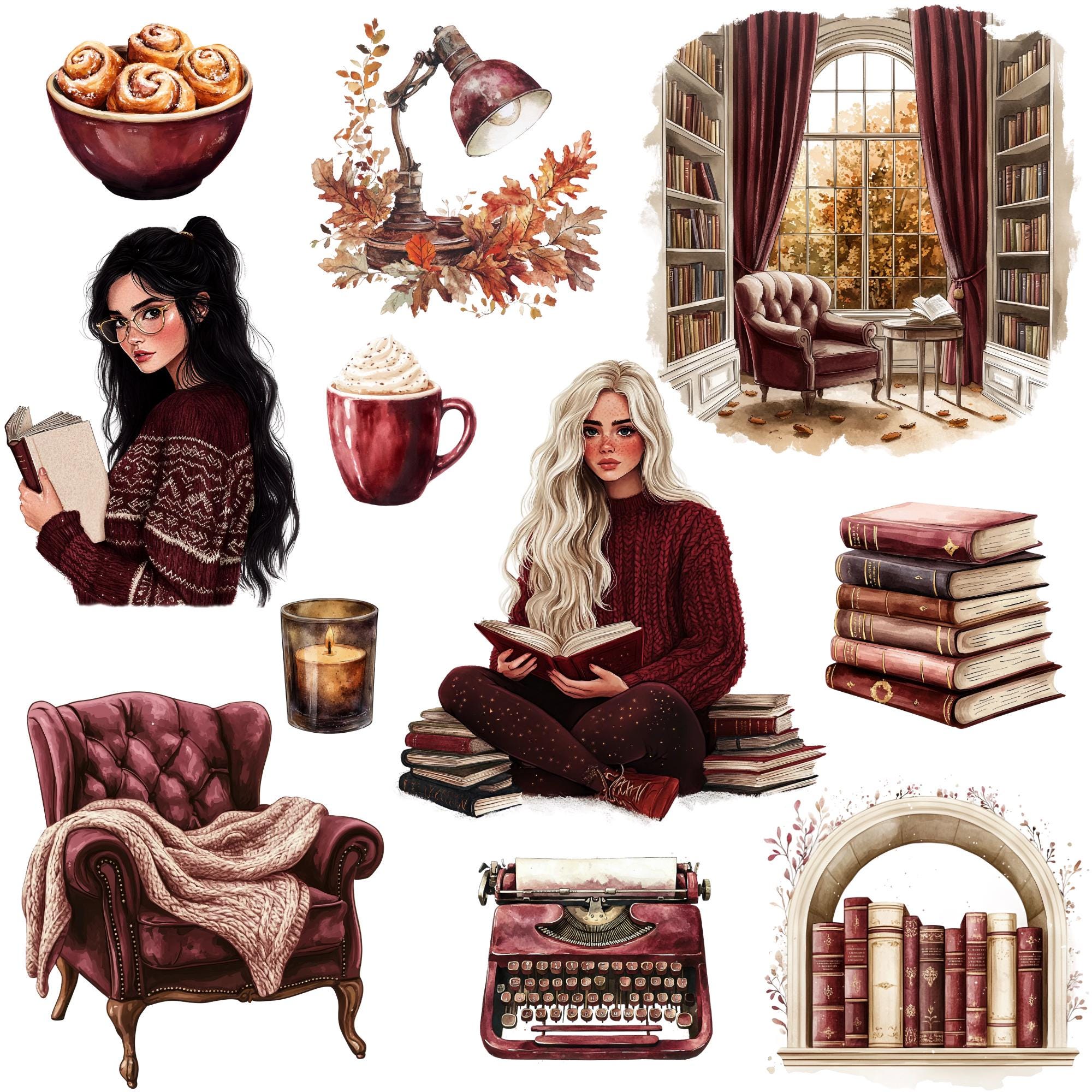 Cozy Reading Clipart Png Bundle, Bookworm, Book Lover Clipart ...