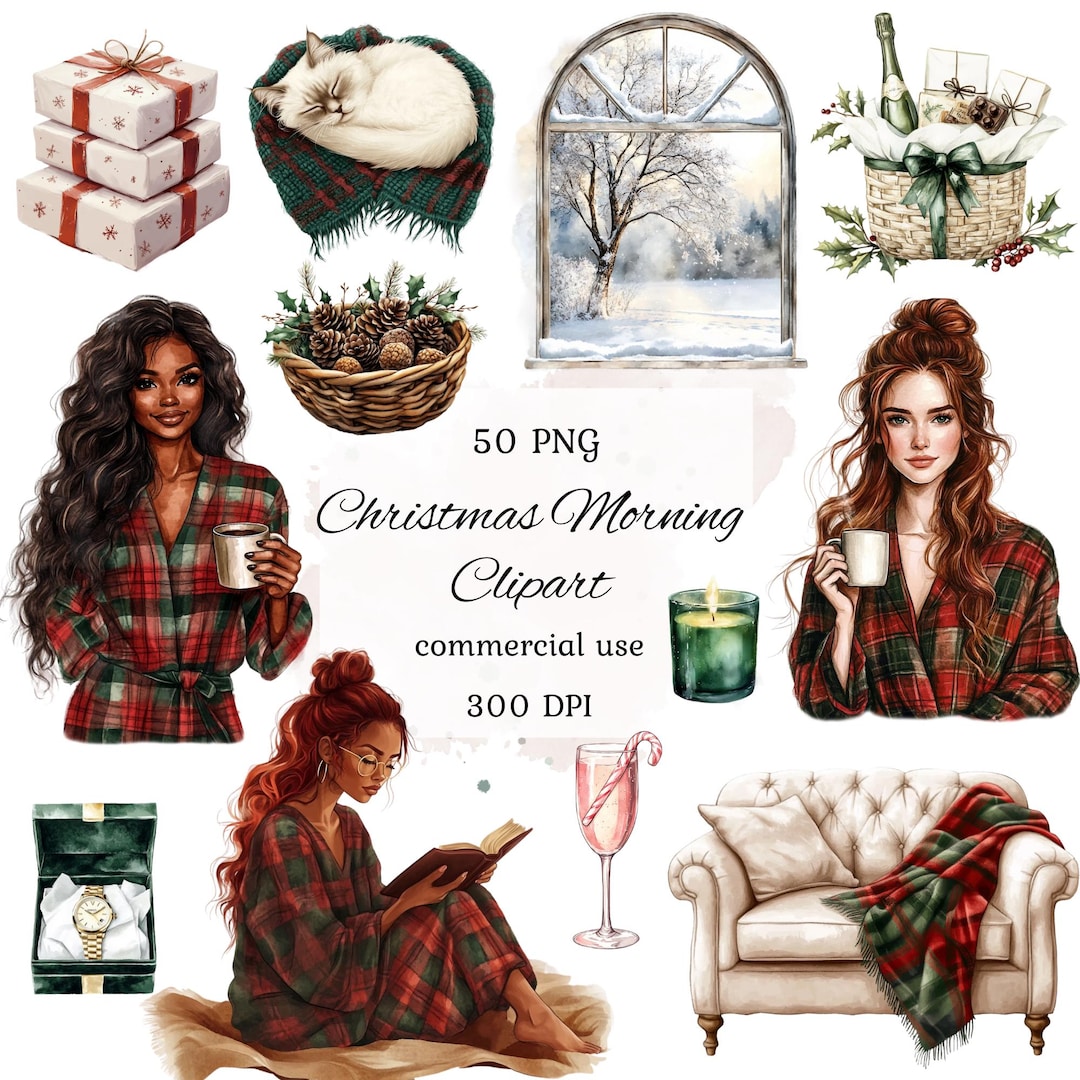 Watercolor Christmas Morning Clipart Png Bundle, Cozy Christmas Pajamas ...
