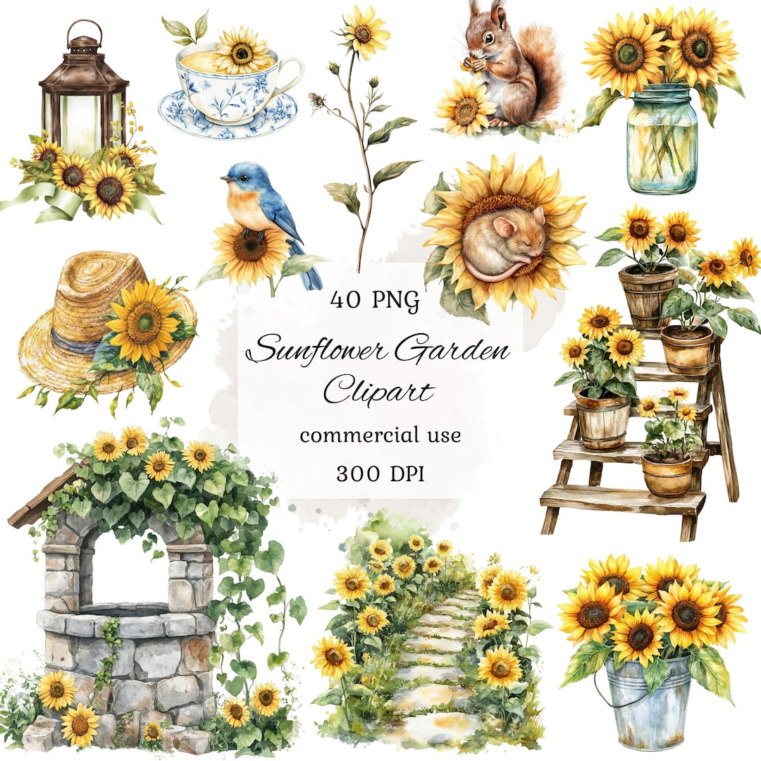 Watercolor Sunflower Garden Clipart Png Bundle, Watercolor Sunflower ...
