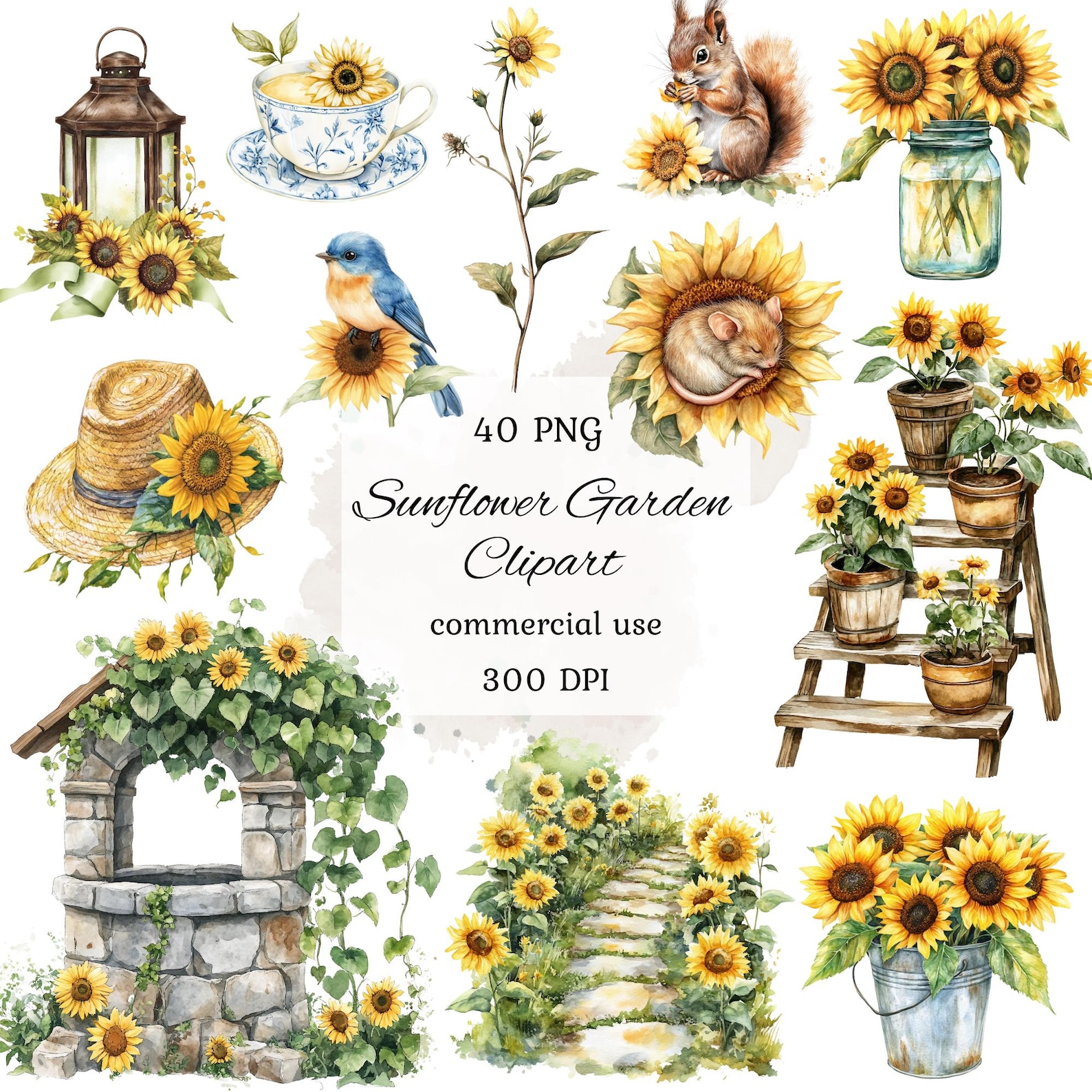 Watercolor Sunflower Garden Clipart Png Bundle, Watercolor Sunflower ...