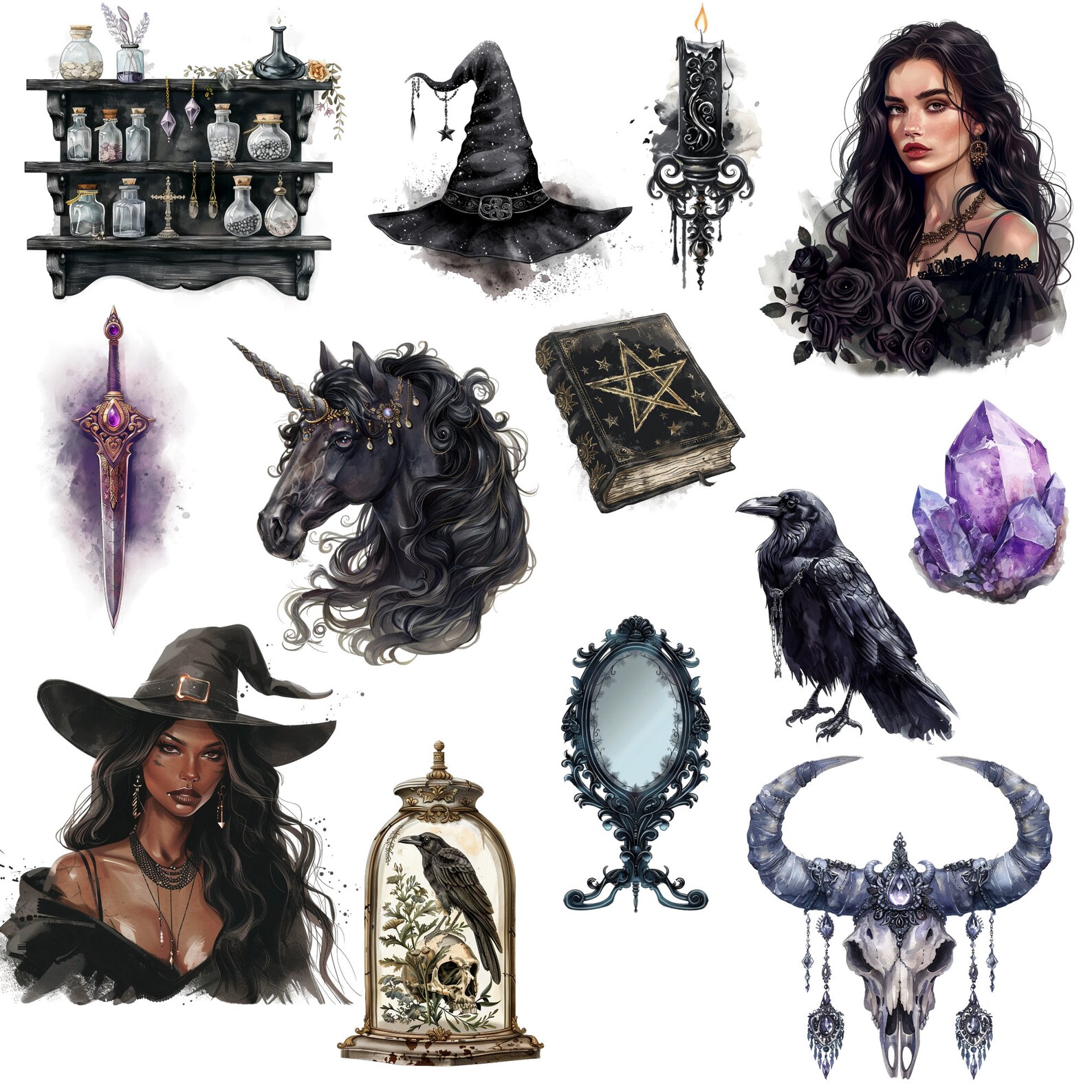 Black Witch Clipart Watercolor Clipart Png Bundle, Commercial Use ...