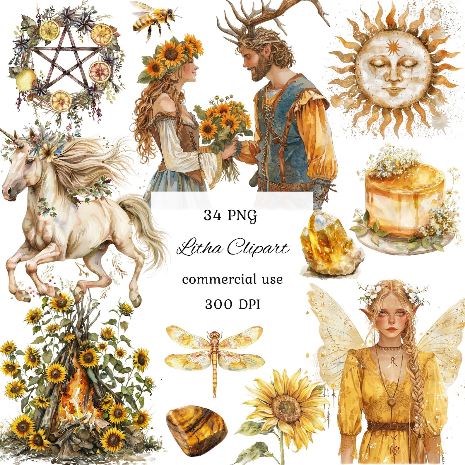 Litha Watercolor Clipart Png Bundle, Witch Clipart, Summer Solstice ...