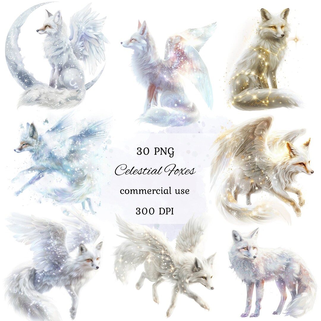 Celestial Fox Watercolor Clipart Png Bundle, Cute Animal Clipart Pack, Fox Illustration ...