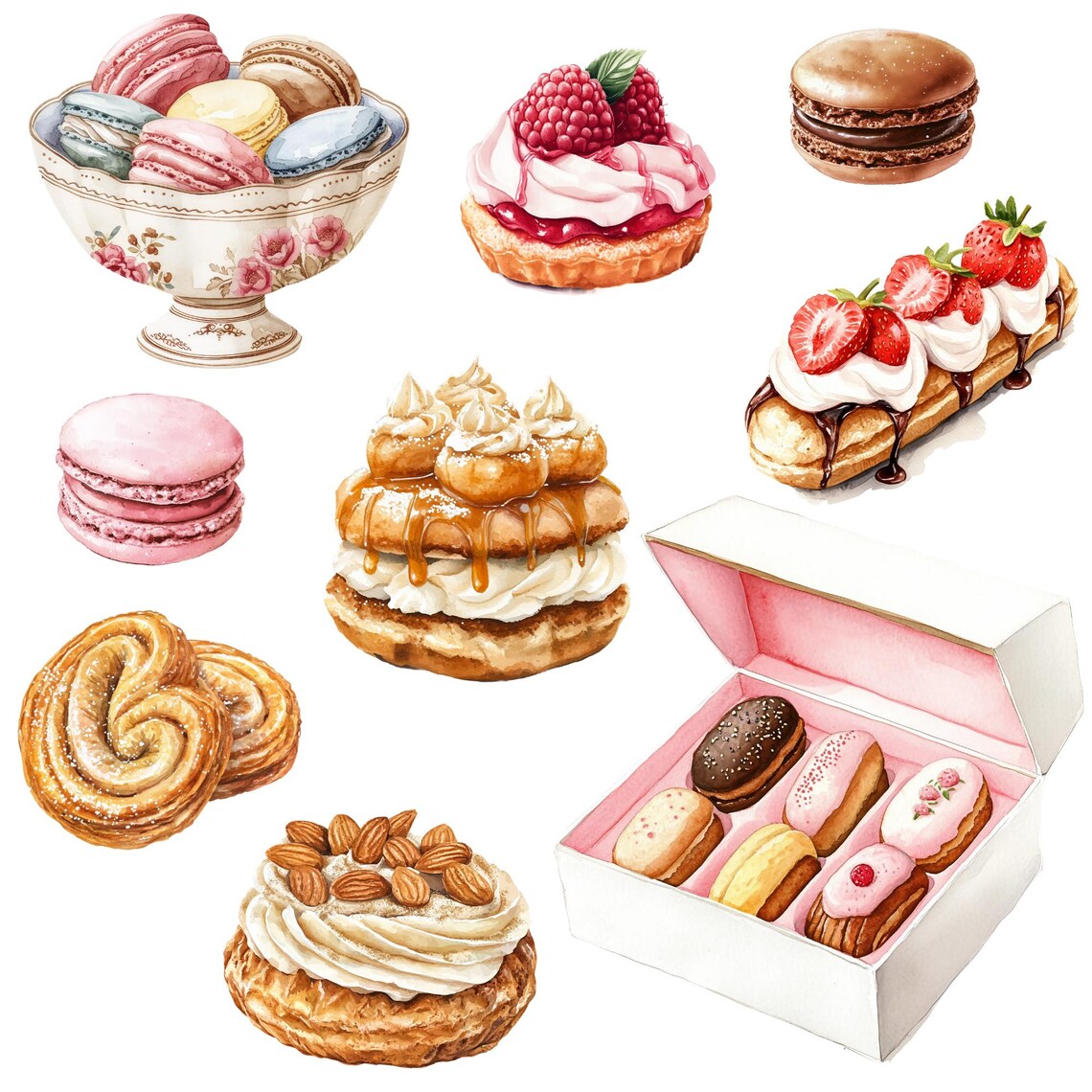 Watercolor French Patisserie Clipart Png Bundle, Patisserie Pastries ...