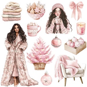 Pink Winter Clipart Png Bundle, Pink Christmas Png, Watercolor Winter ...