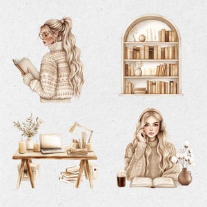 Cozy Autumn Reading Clipart Png Bundle, Watercolor Neutral Illustration ...