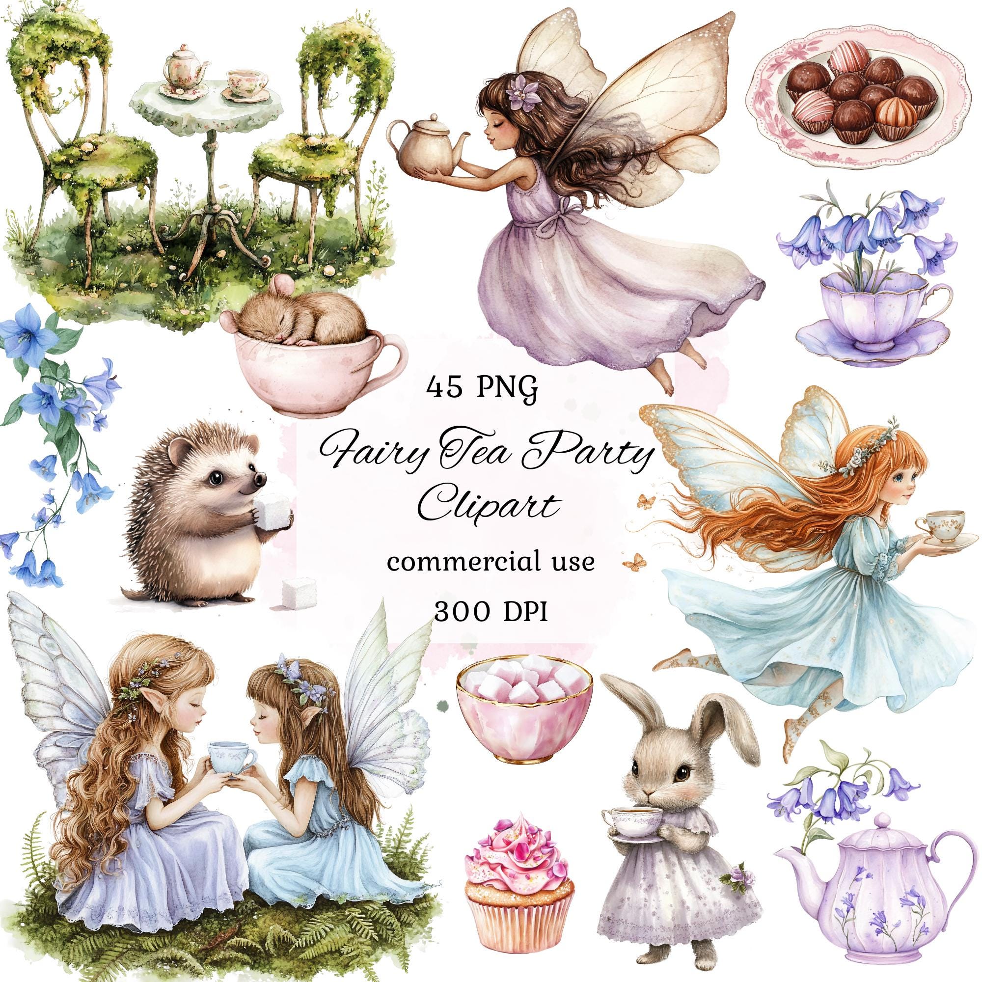 Watercolor Fairy Tea Party Clipart Png Bundle, Watercolor Tea Party ...