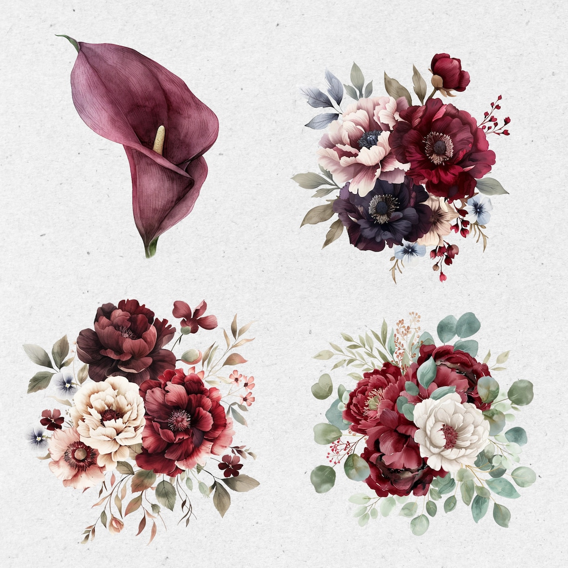 Burgundy Floral Watercolor Clipart Png Bundle, Burgundy and Blush, Boho ...