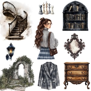 Dark Academia Clipart Png Bundle, Watercolor Goth Dark Academia ...