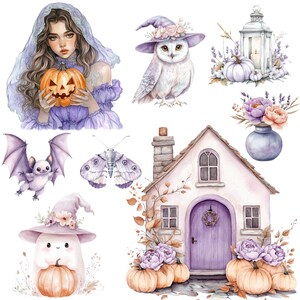 Watercolor Pastel Halloween Clipart Png Bundle, Pastel Floral Pumpkin ...