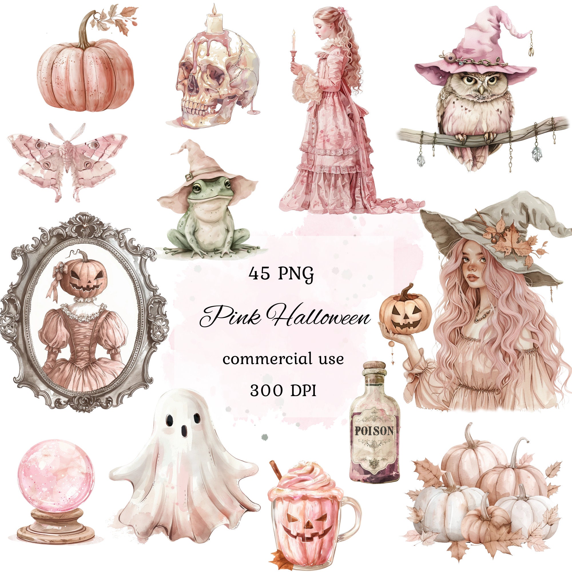 Pink Halloween Clipart Png Bundle, Pastel Halloween, Watercolor ...