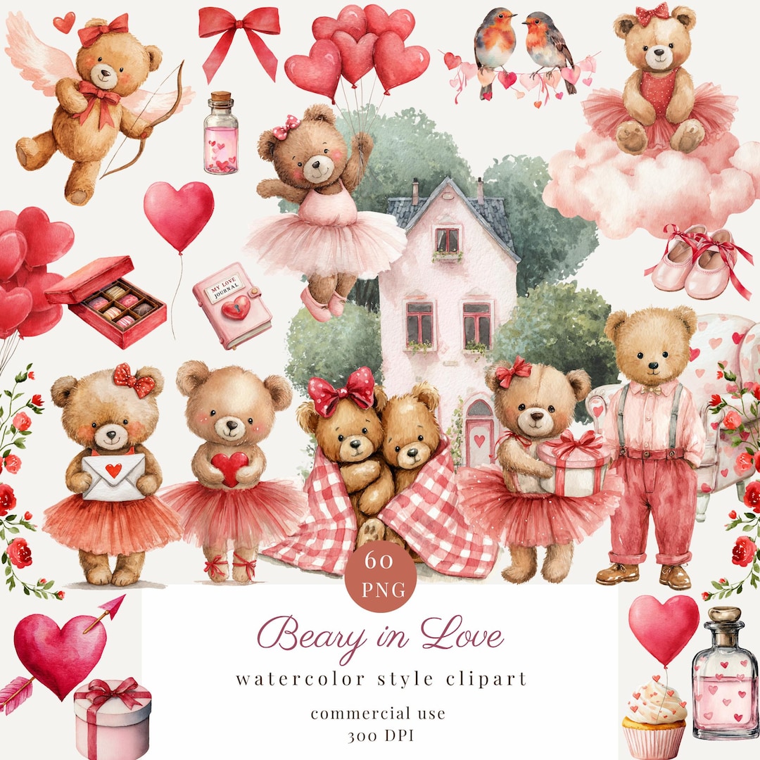 Watercolor Valentine Teddy Bear Clipart Png Bundle, Valentines Day Png ...