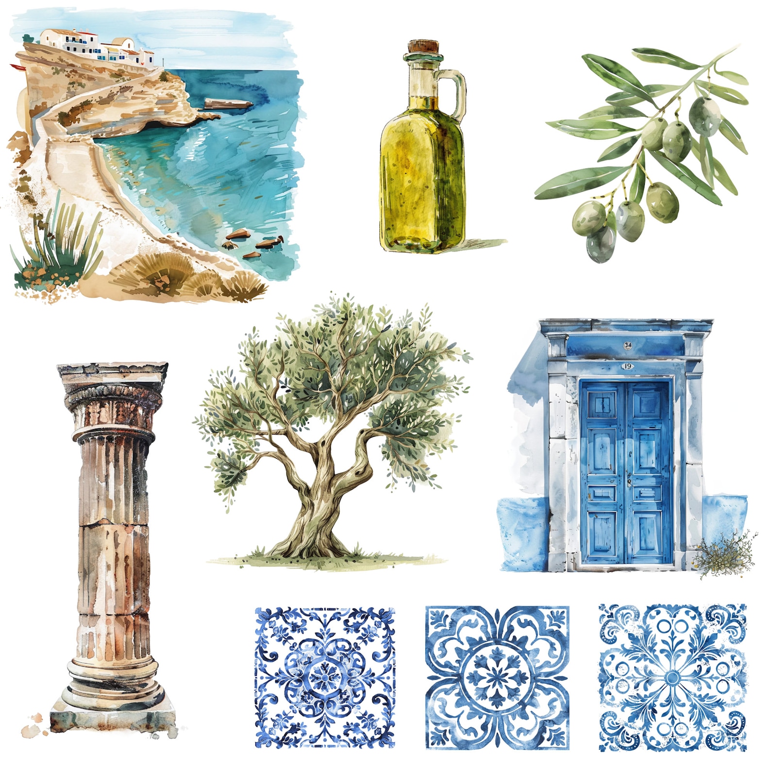 Greece Watercolor Clipart Png Bundle, Greek Clipart, Travel Clipart ...