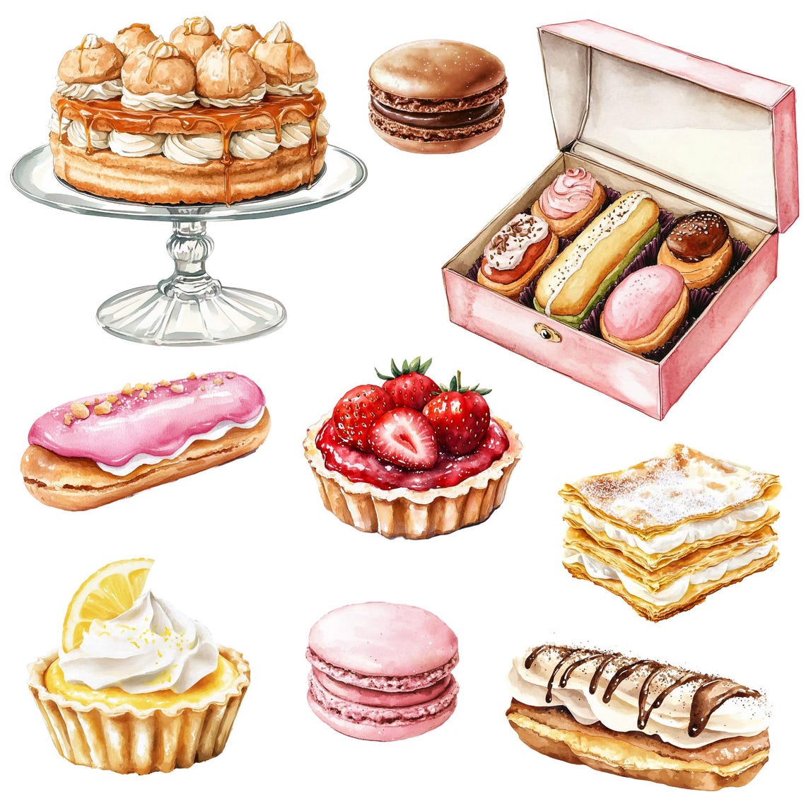 Watercolor French Patisserie Clipart Png Bundle, Patisserie Pastries ...
