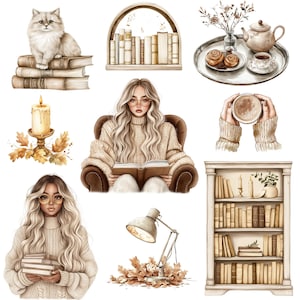 Cozy Autumn Reading Clipart Png Bundle, Watercolor Neutral Illustration ...