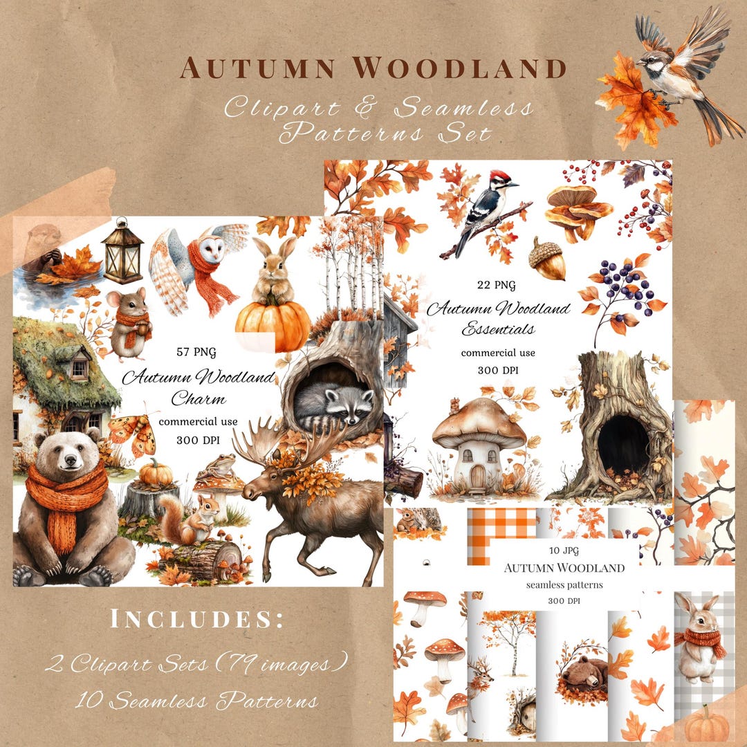 Watercolor Autumn Woodland Bundle Set, Fall Forest Animals Clipart ...