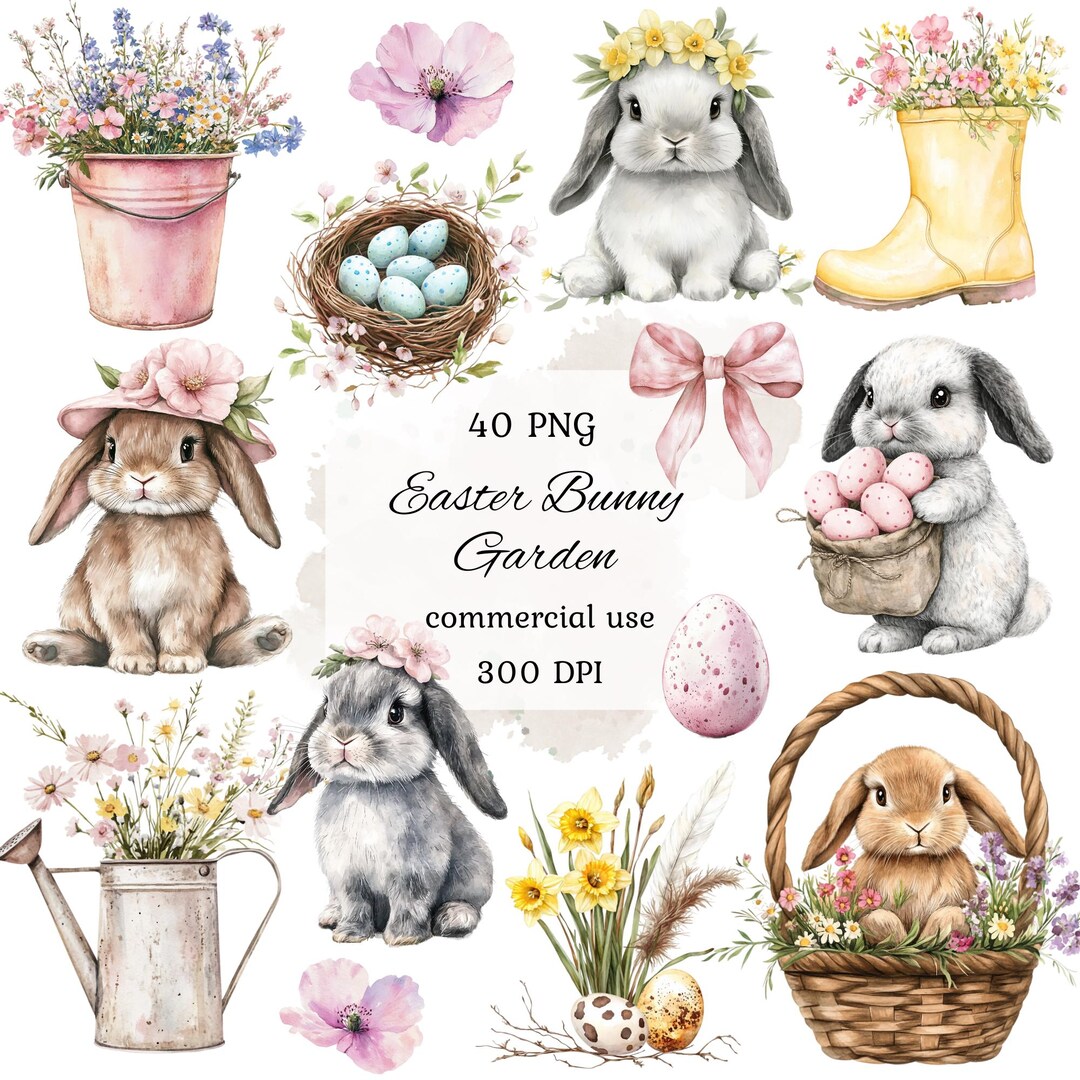Watercolor Easter Bunny Garden Clipart Png Bundle, Baby Bunny Clipart ...