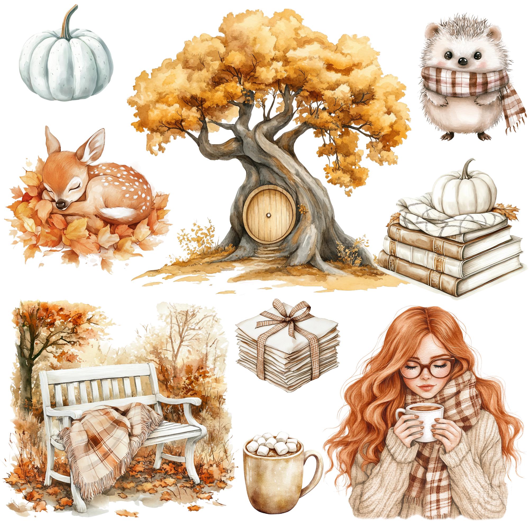 Watercolor Rustic Autumn Clipart Png Bundle, Neutral Autumn Reading ...