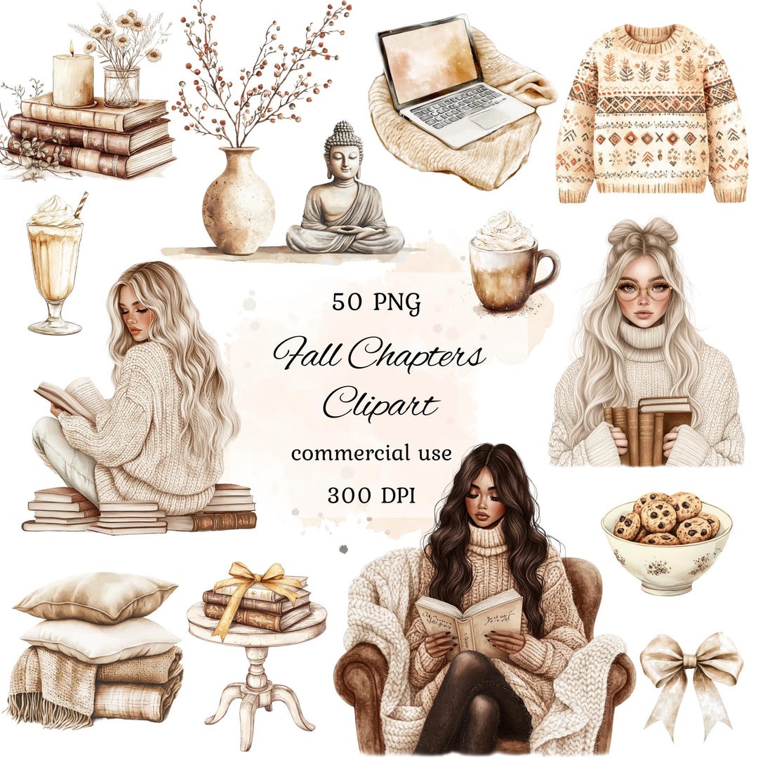 Cozy Autumn Reading Clipart Png Bundle, Watercolor Neutral Illustration ...