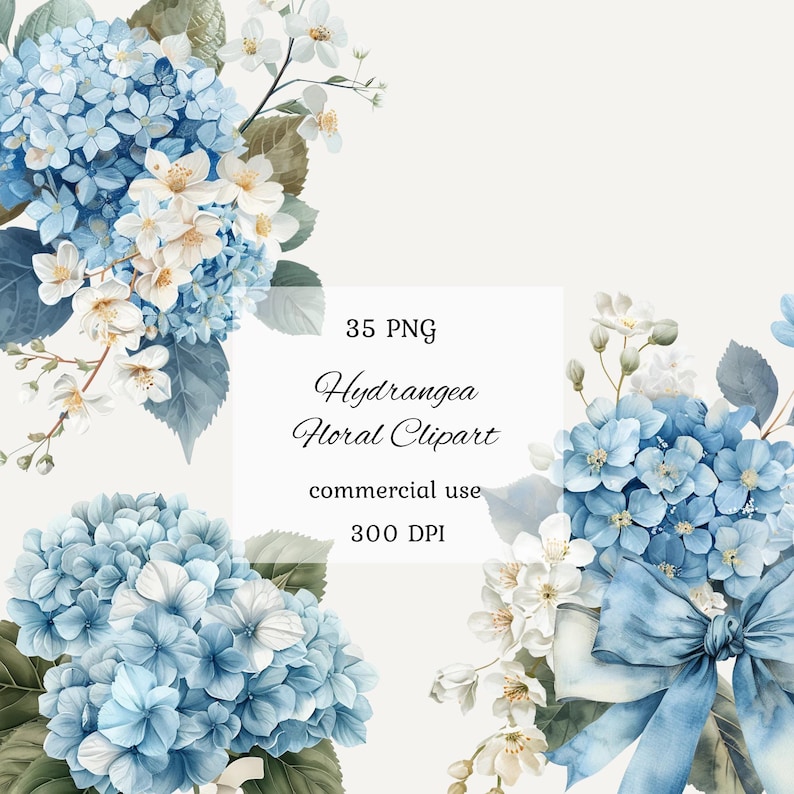 Hydrangea Clipart Png Bundle, Light Blue Hydrangea Clipart, Watercolor ...