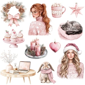 Pink Winter Clipart Png Bundle, Pink Christmas Png, Watercolor Winter ...