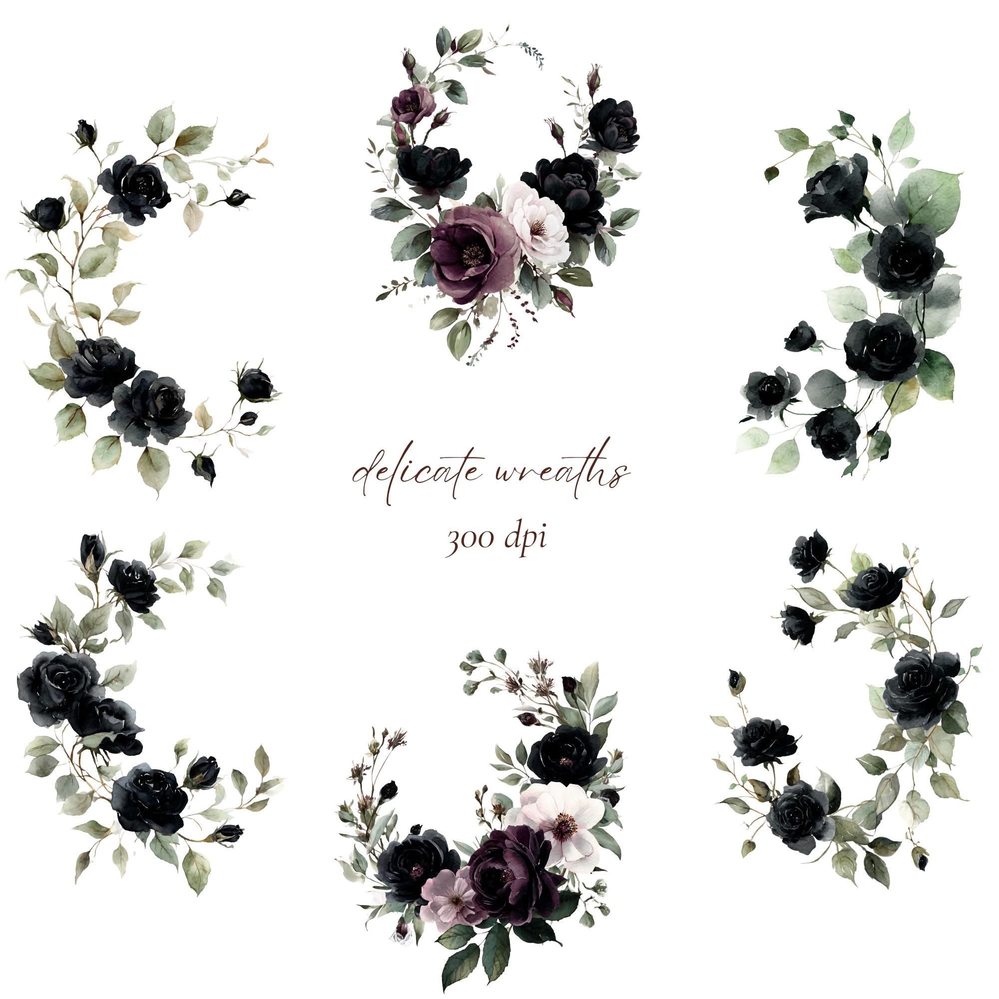 Watercolor Black Rose Clipart, Rose Wreath, Dark Floral Arrangement ...